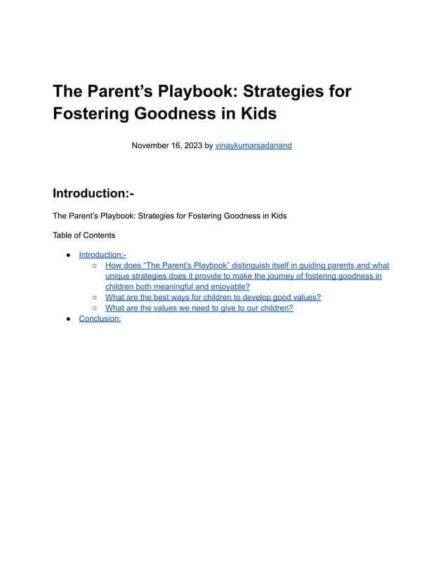 The Parent’s Playbook: Strategies for Fostering Goodness in Kids | PDF