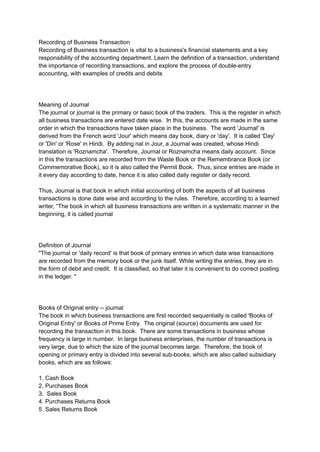 Recording of Business Transactions. Defination of Journal... | PDF