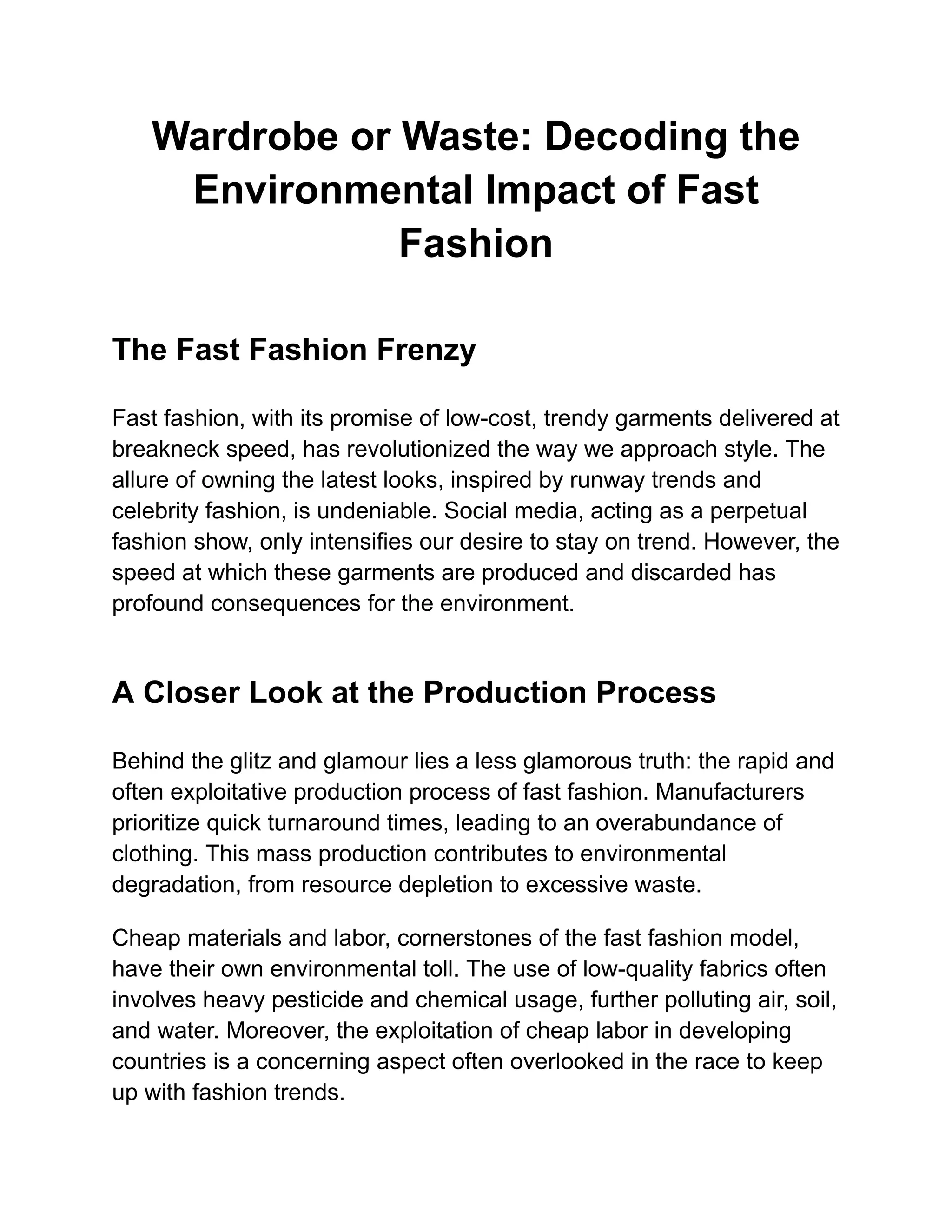 Wardrobe or Waste: Decoding the Environmental Impact of Fast Fashion | PDF