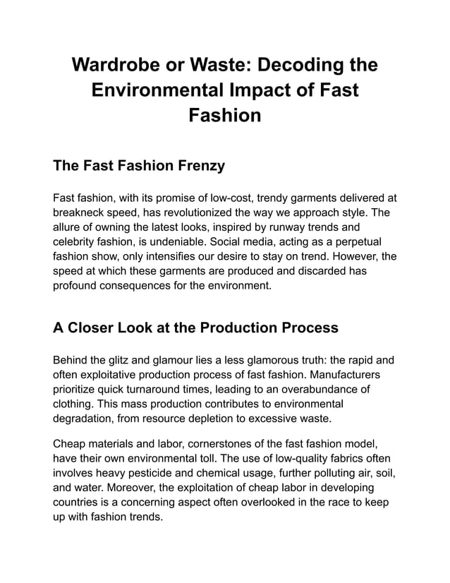 Wardrobe or Waste: Decoding the Environmental Impact of Fast Fashion | PDF