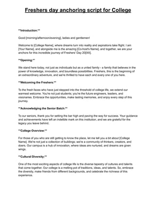 Freshers day anchoring script for College | PDF