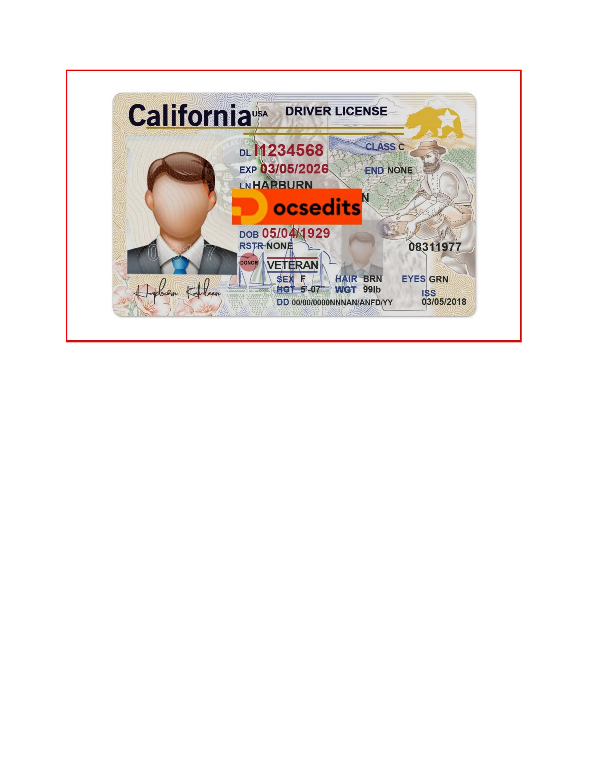 California Driver License Psd file editing | PDF