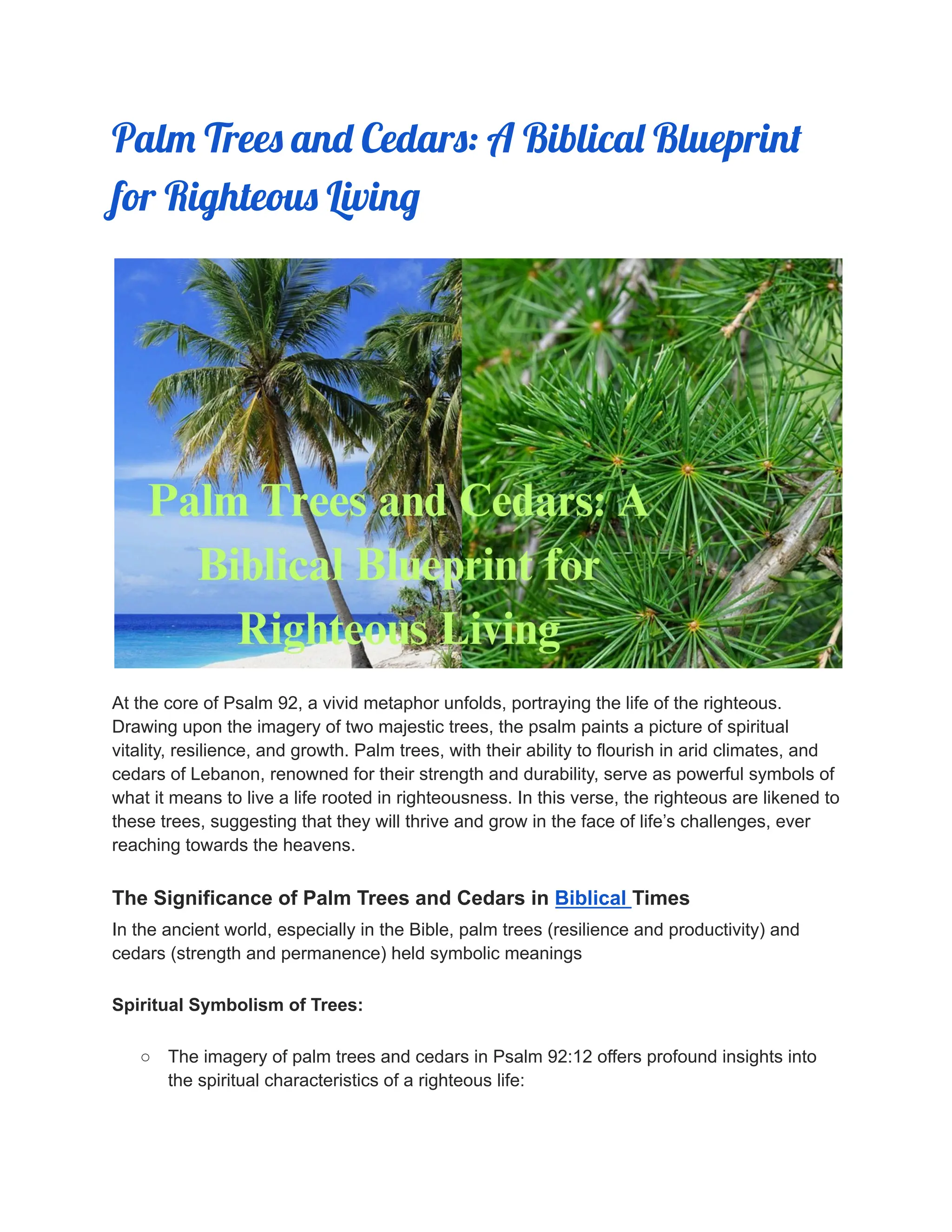 Palm Trees and Cedars: A Biblical Blueprint for Righteous Living | PDF