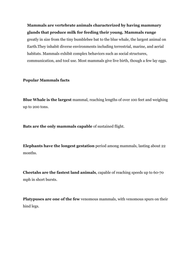 Popular Mammals - Mammals are vertebrate animals | DOCX | Geography ...