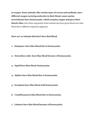 10 Animals that don't have Red Blood due to he | DOCX