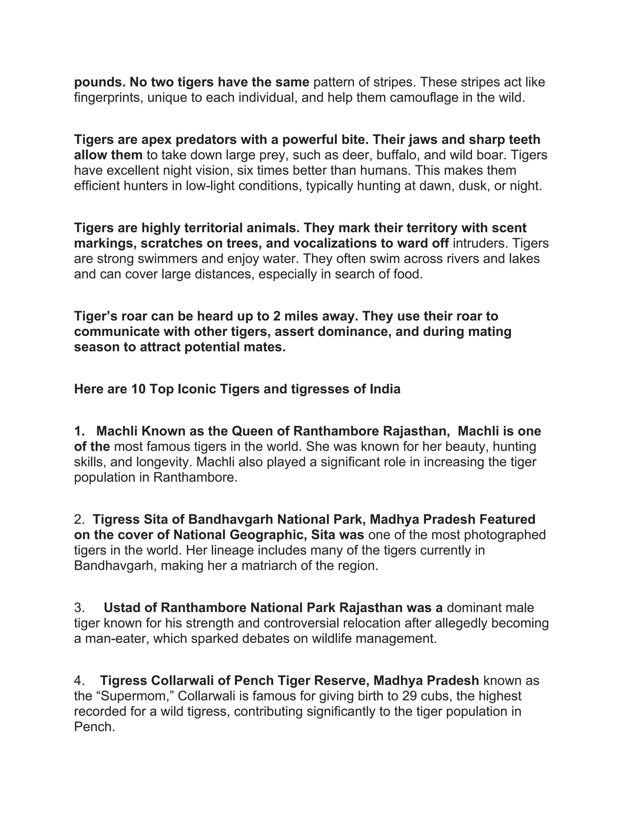 10 Top Iconic Tigers and tigresses of India | DOCX