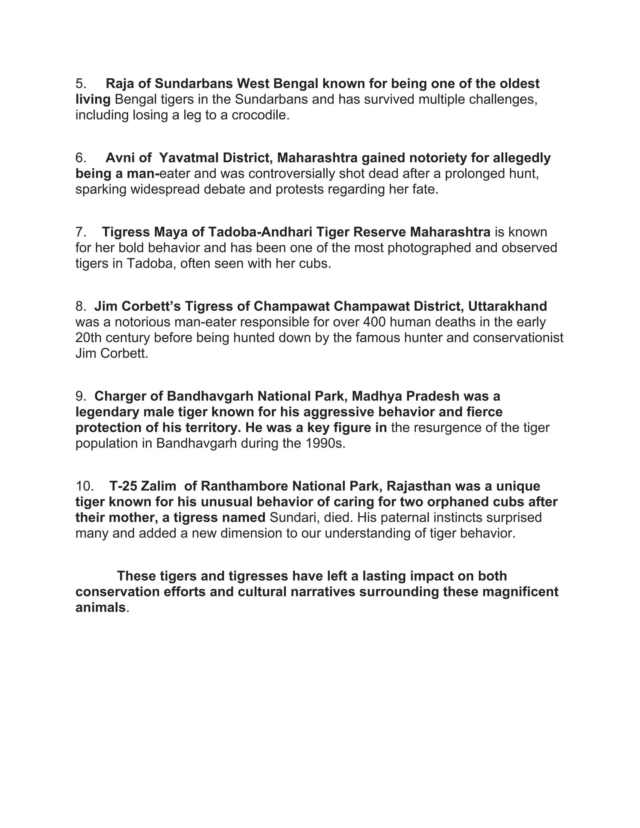 10 Top Iconic Tigers and tigresses of India | DOCX