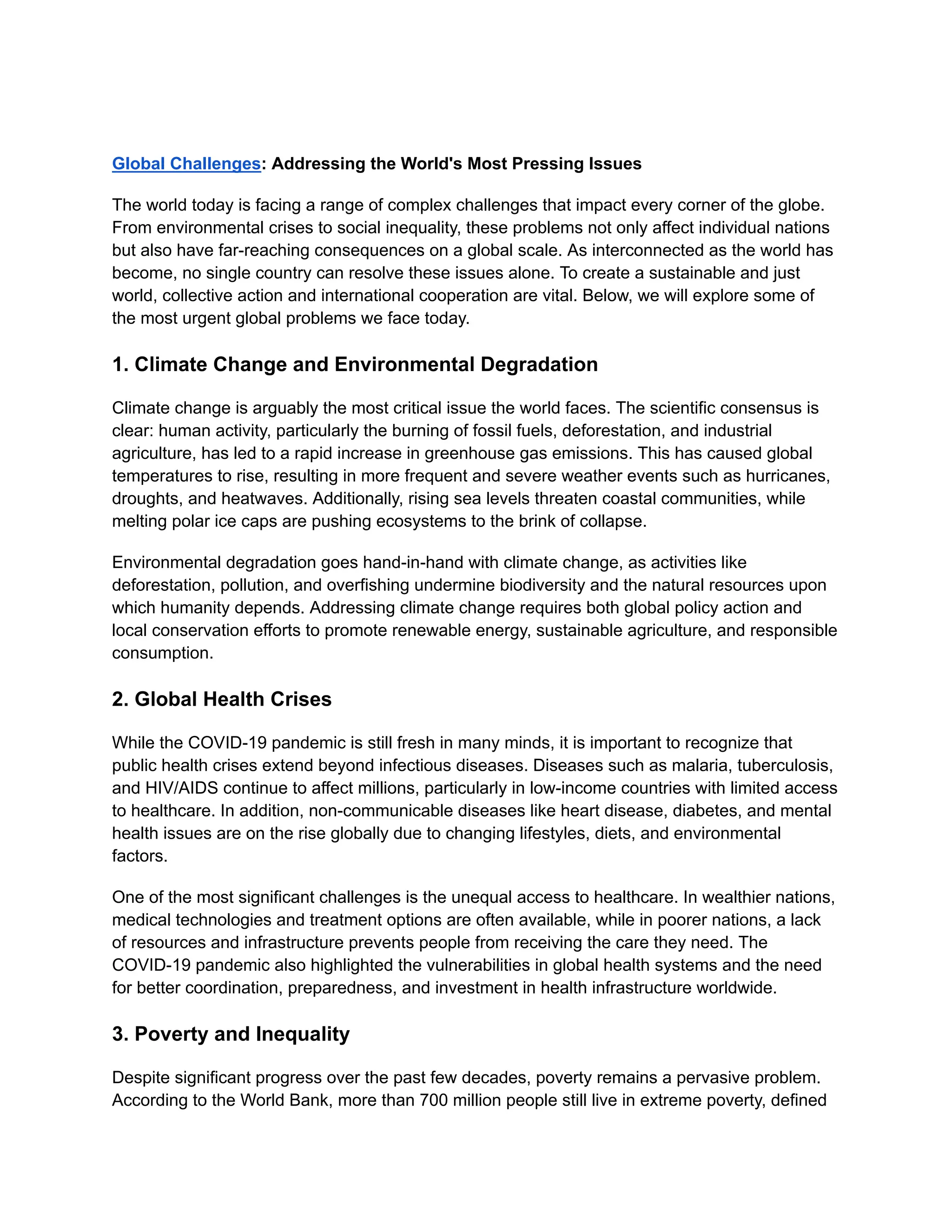 Global Challenges: Addressing the World's Most Pressing Issues | PDF