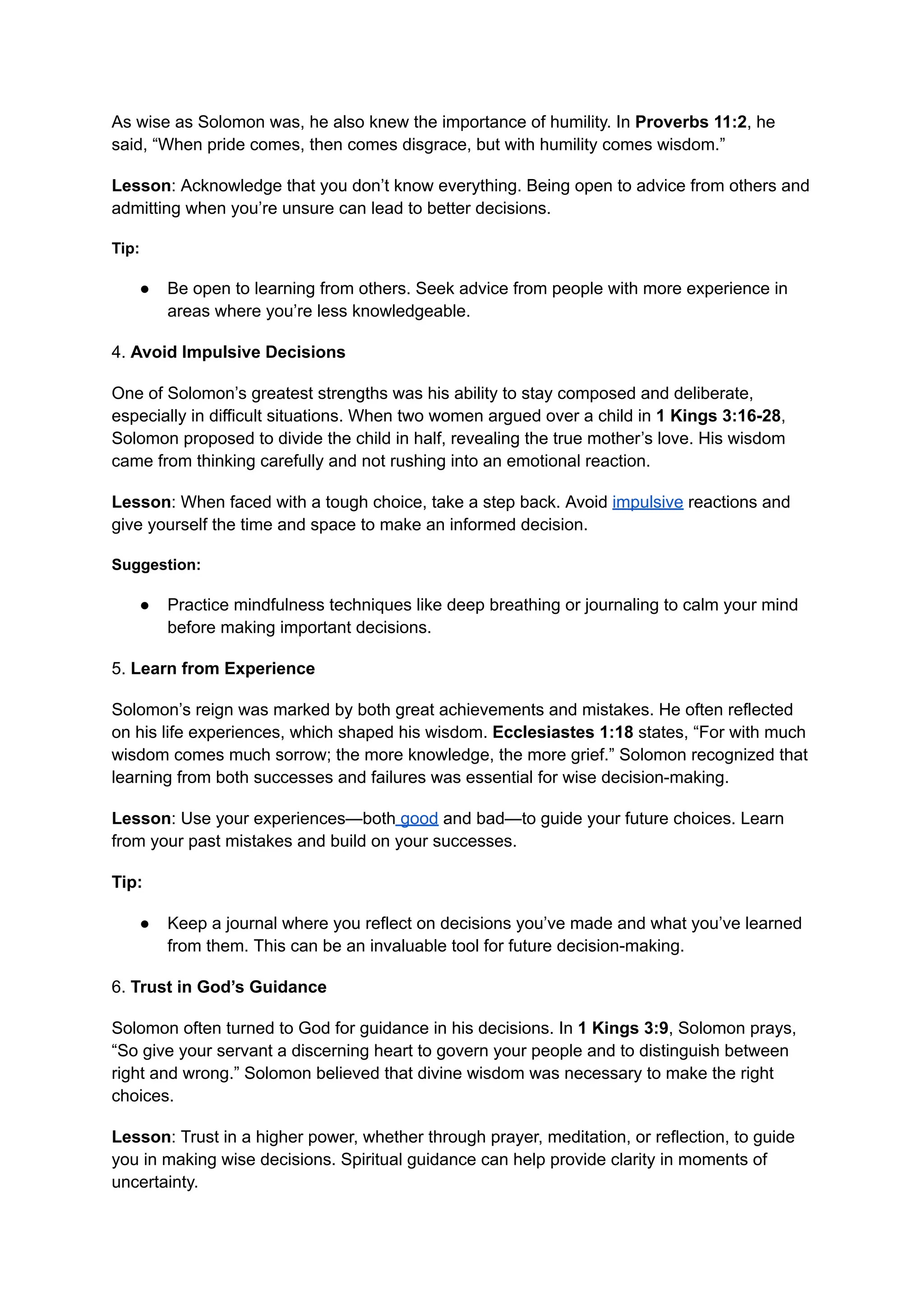 9 Lessons from Solomon: Mastering the Art of Wise Decision Making | PDF