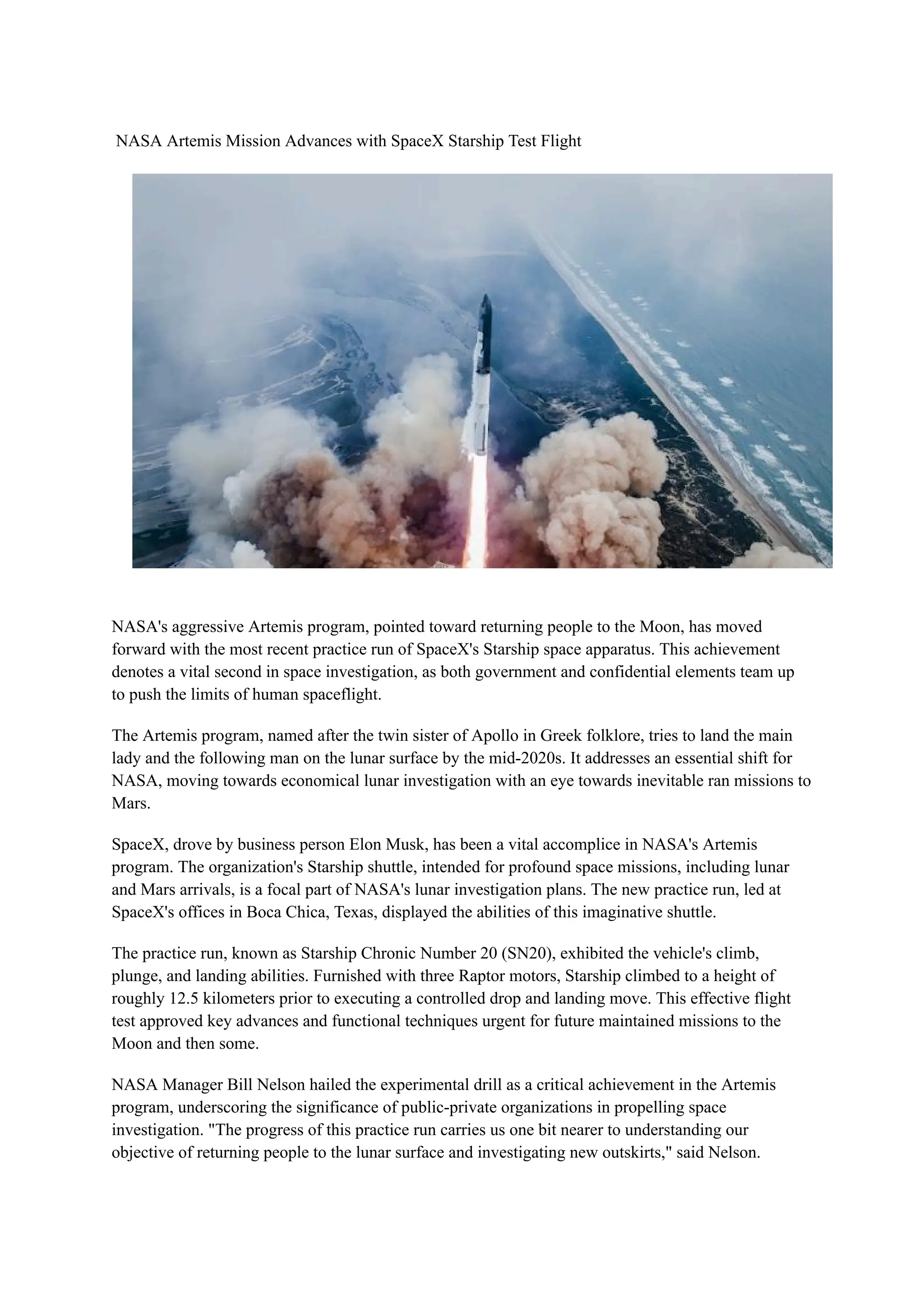 NASA Artemis Mission Advances with SpaceX Starship Test Flight | PDF ...