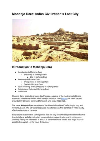 Mohenjo Daro: Indus Civilization’s Lost City | PDF