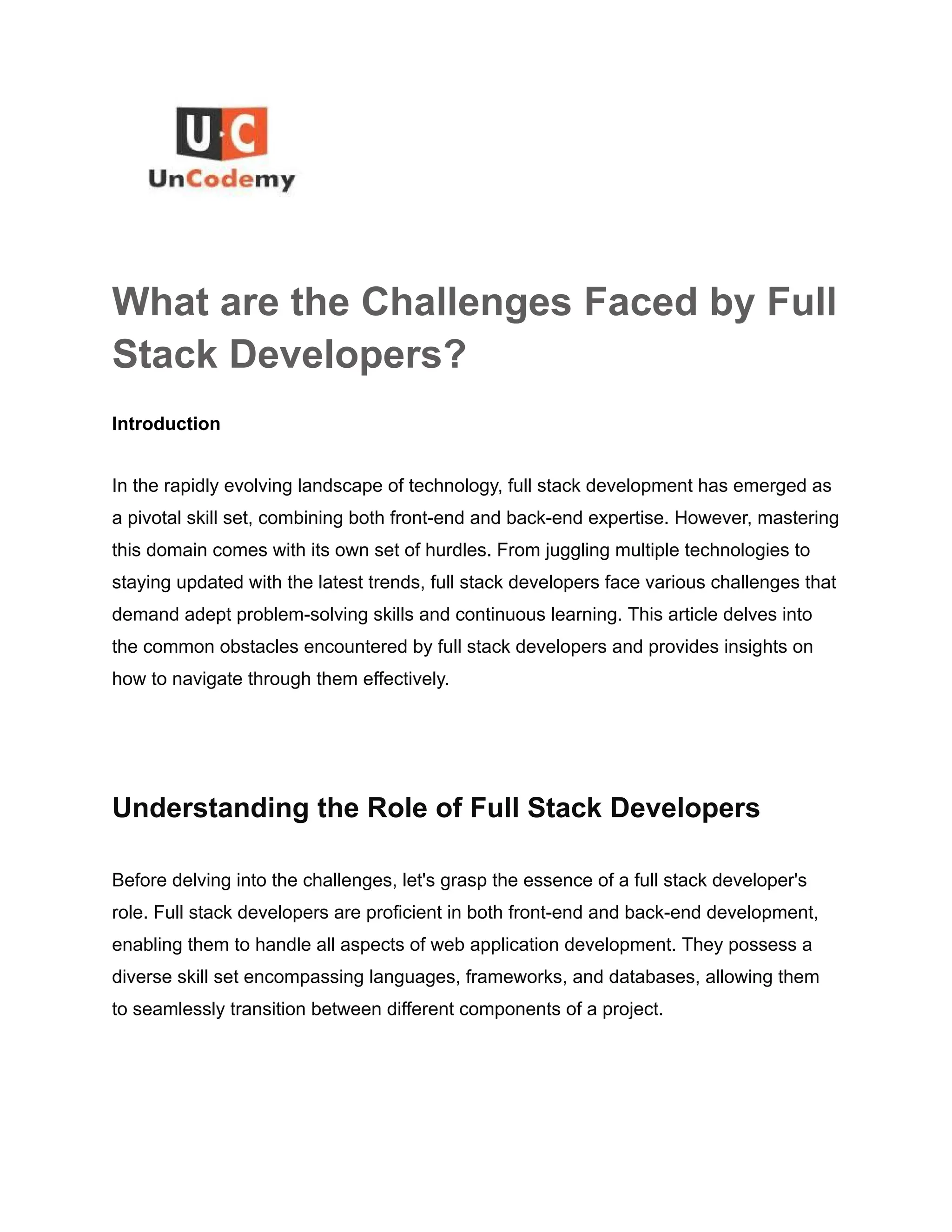What are the Challenges Faced by Full Stack Developers? | PDF