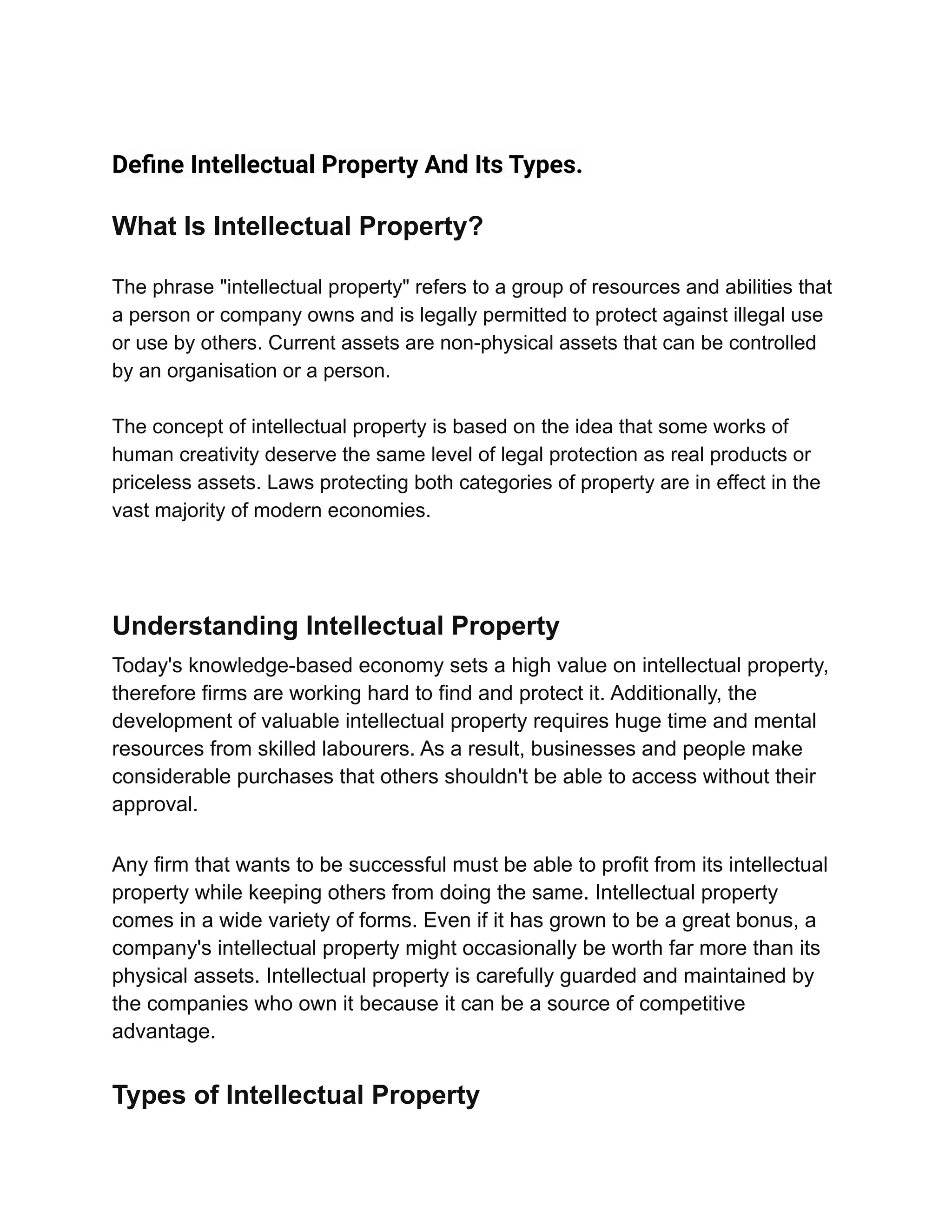 Define Intellectual Property And Its Types | PDF