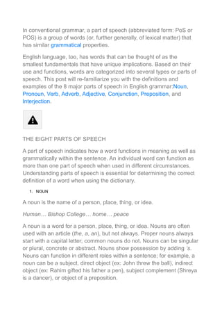 Basic English Grammar: The Eight Parts of Speech | PDF