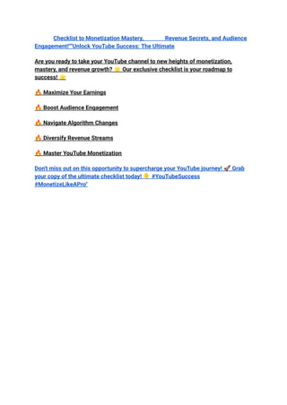YouTube Mastery, Monetization, and Revenue Checklist | PDF