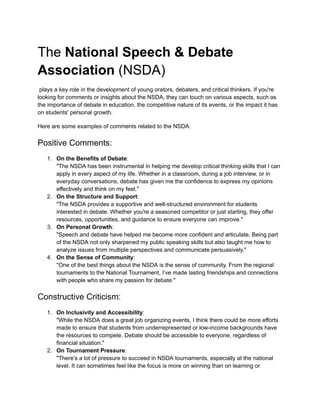 Here are some examples of comments related to the NSDA | PDF