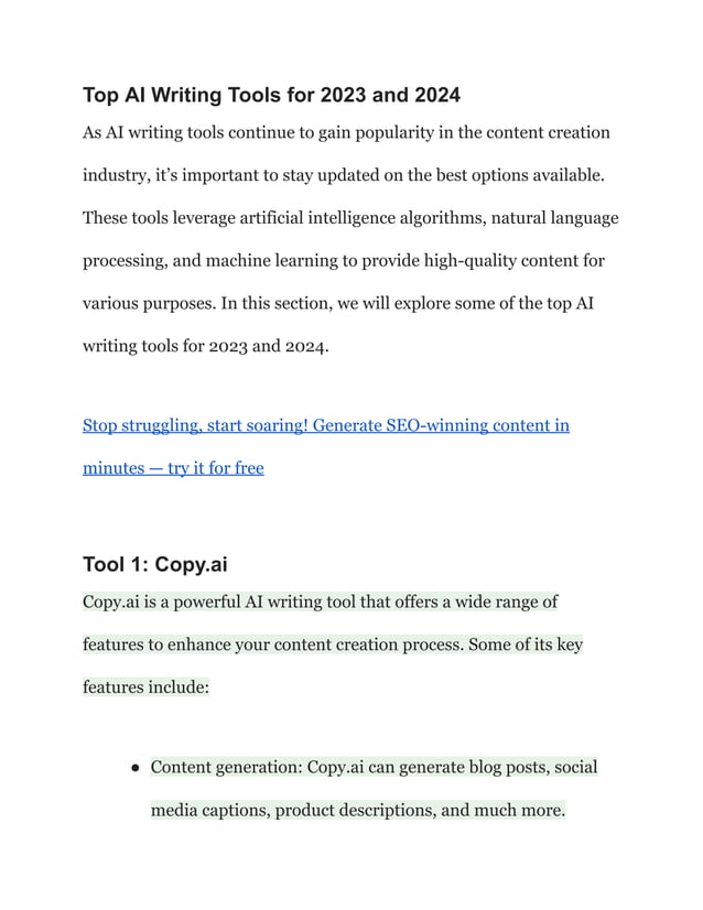 Best Ai Writing Tool for Content Creation2023 and 2024 | PDF