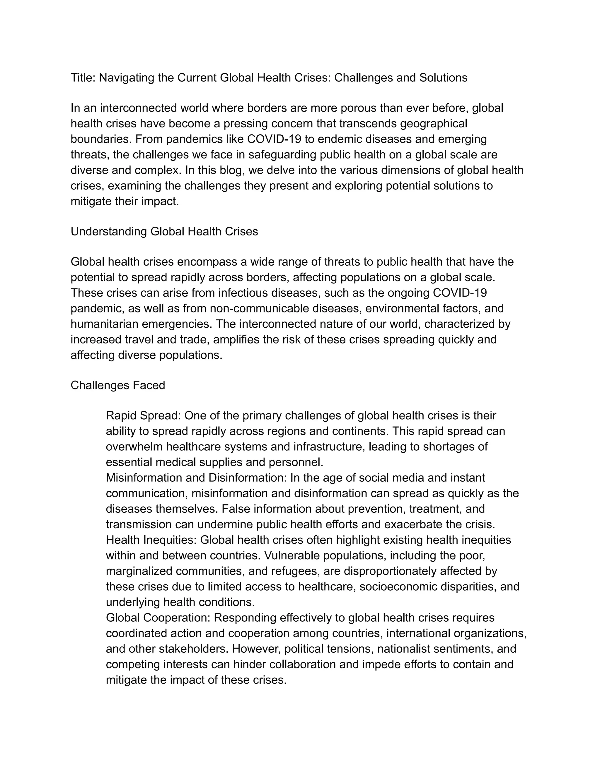 Navigating the Current Global Health Crises: Challenges and Solutions | PDF