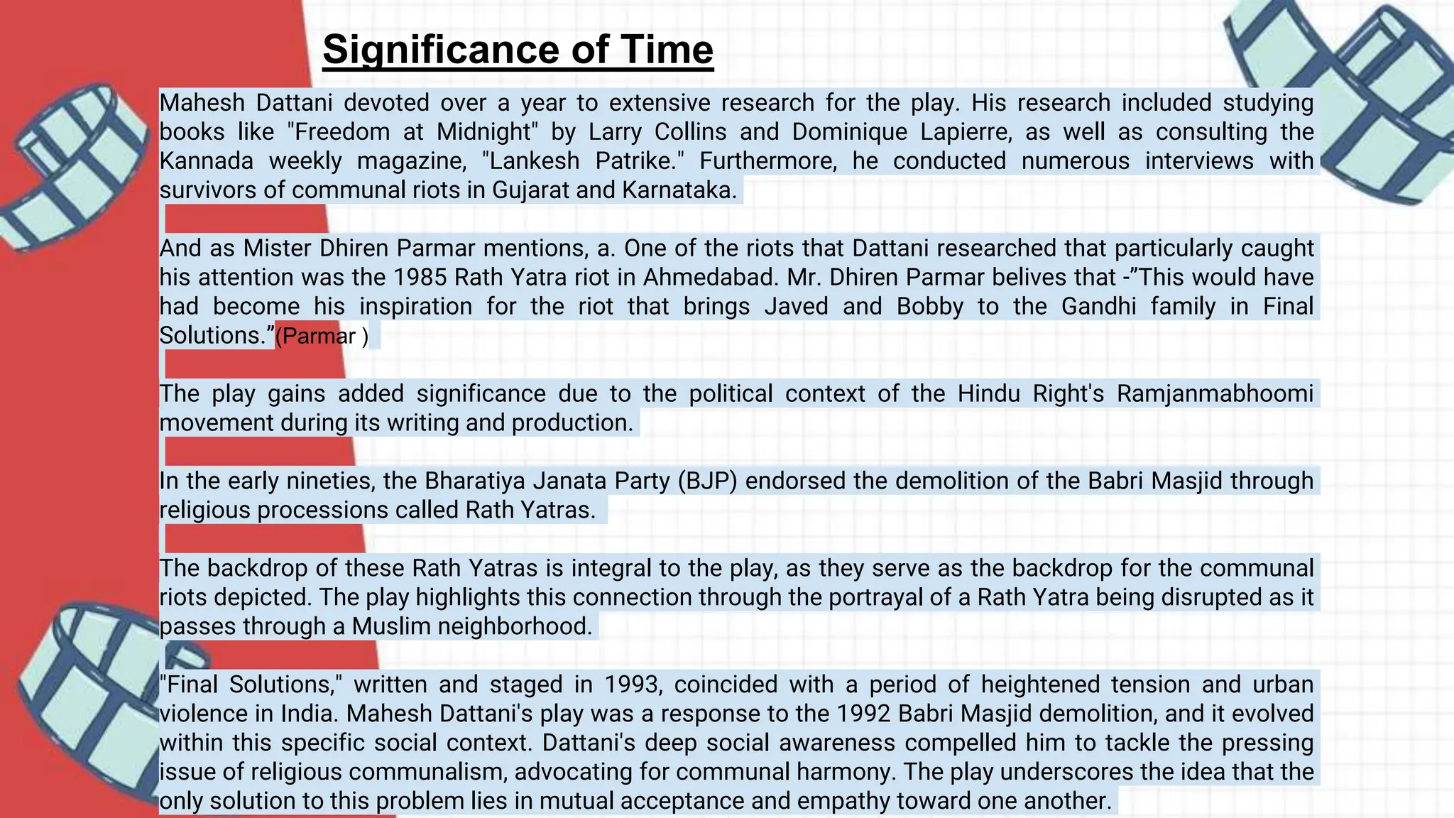 Significance of Time and Space in 'Final Solutions' | PPTX