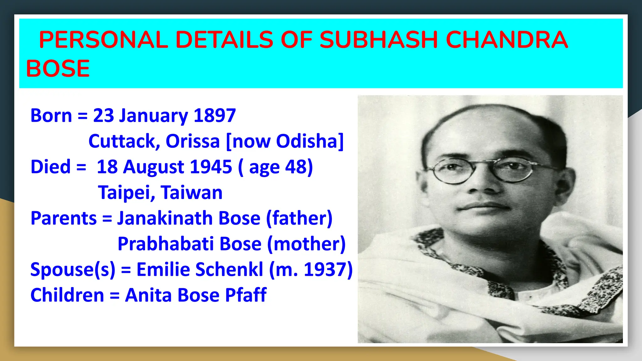 Biography of subhash chandra bose and education details | PPT