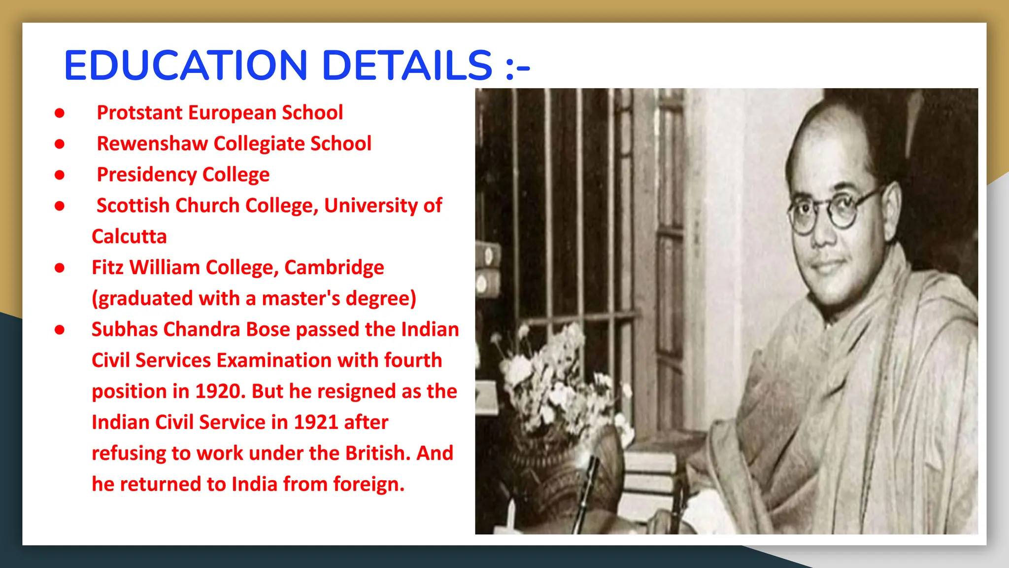 Biography of subhash chandra bose and education details | PPT