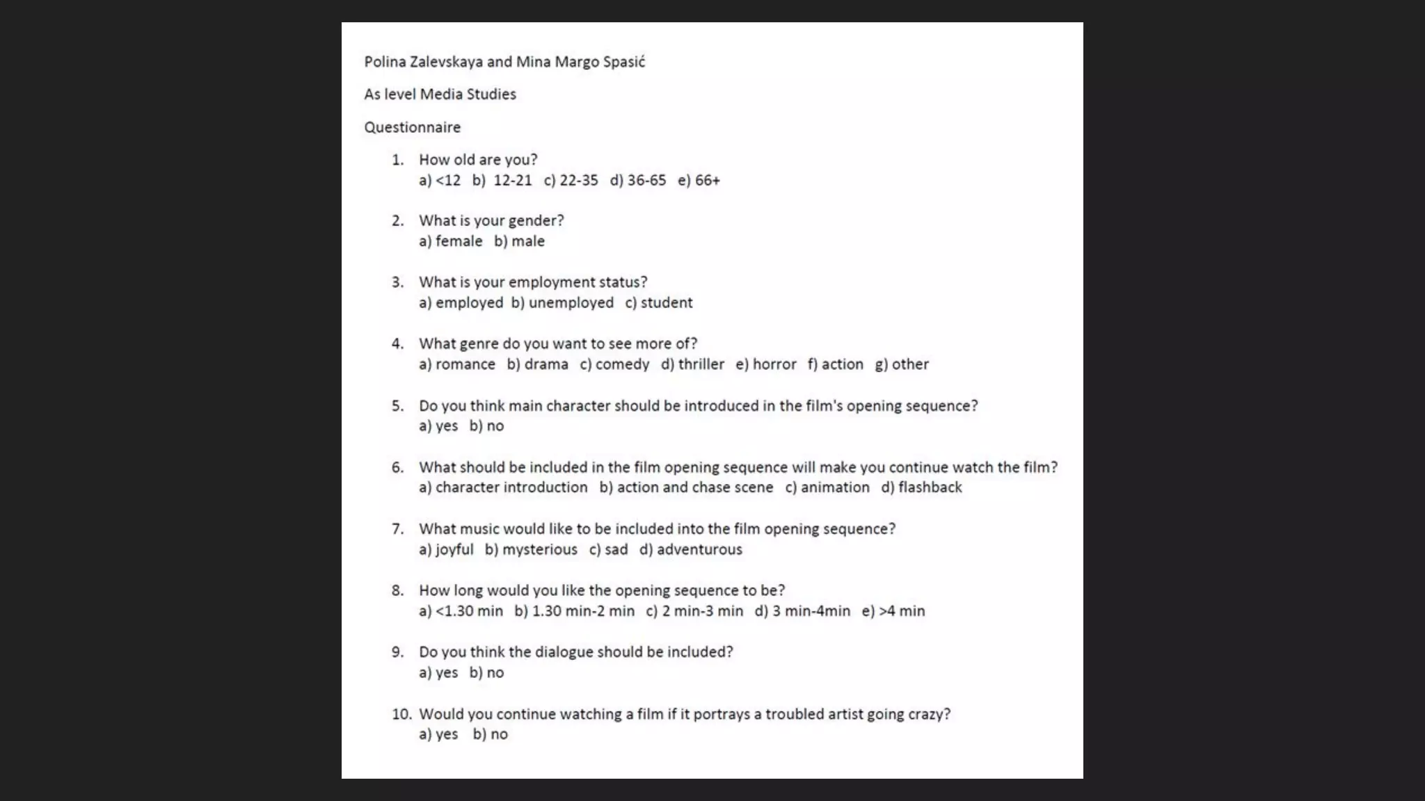 Opening Sequence Questionnaire | PDF