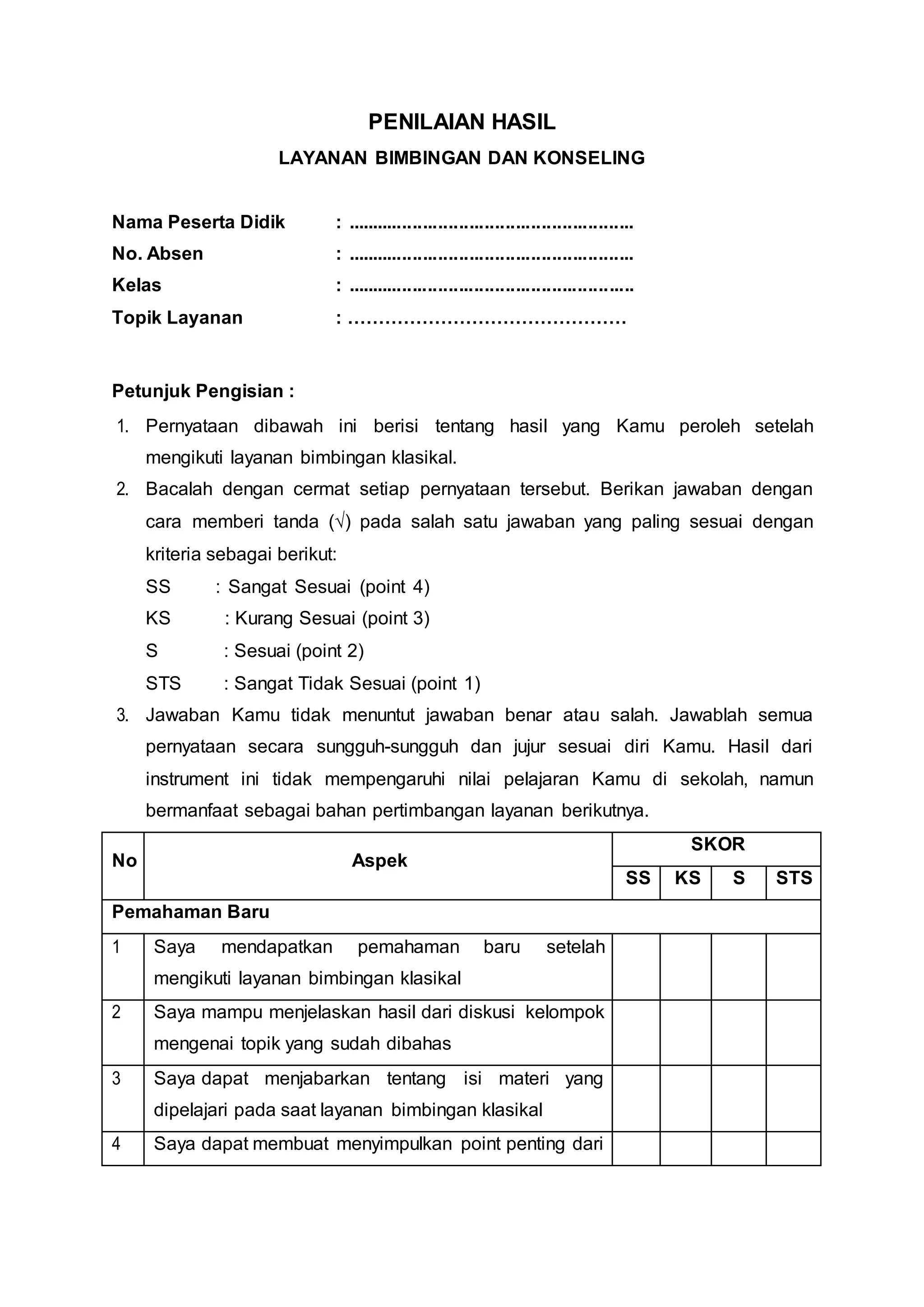 penilaian guru BK terhadap proses belajar mengajar | PDF