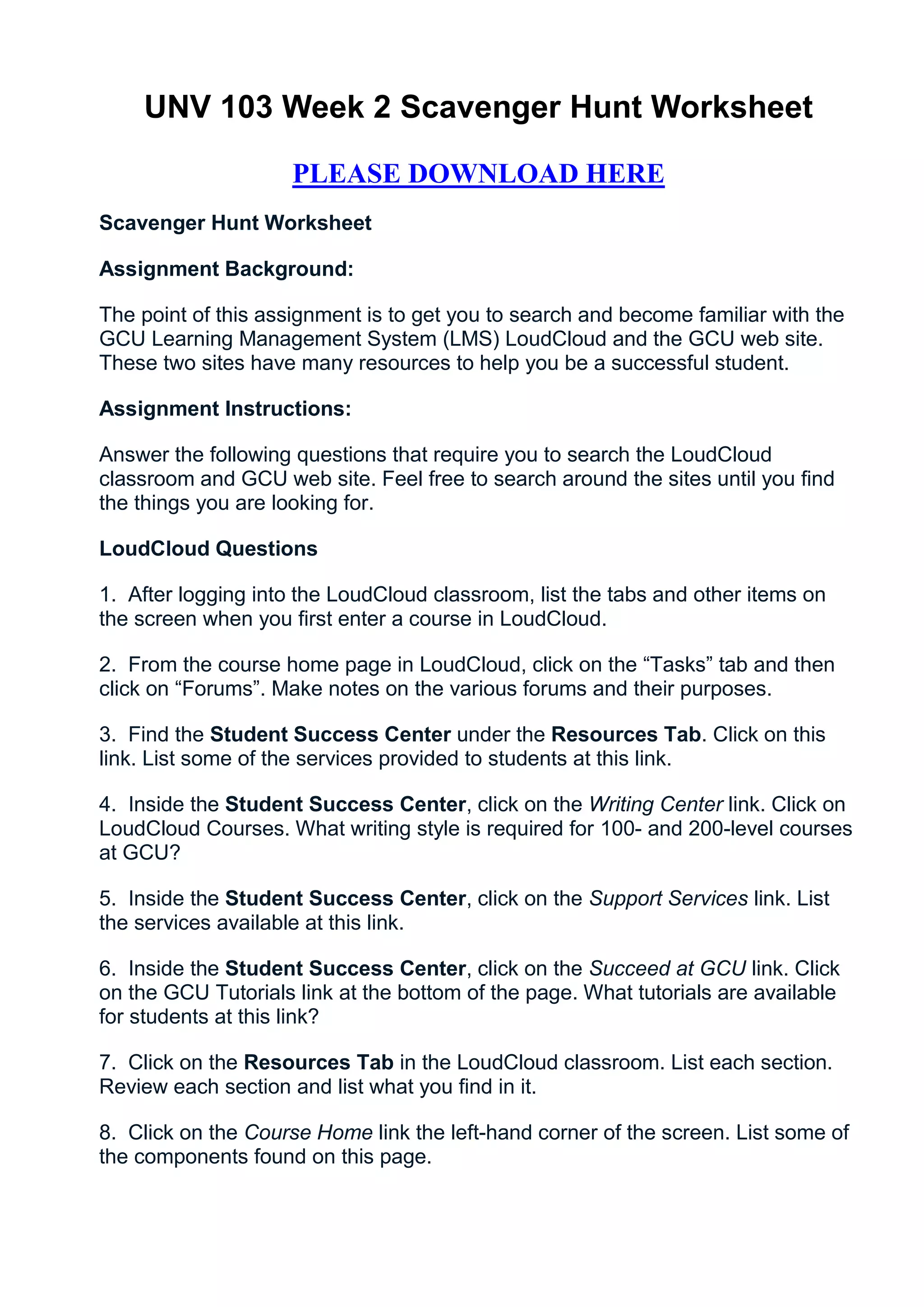 Unv 103 week 2 scavenger hunt worksheet | DOCX