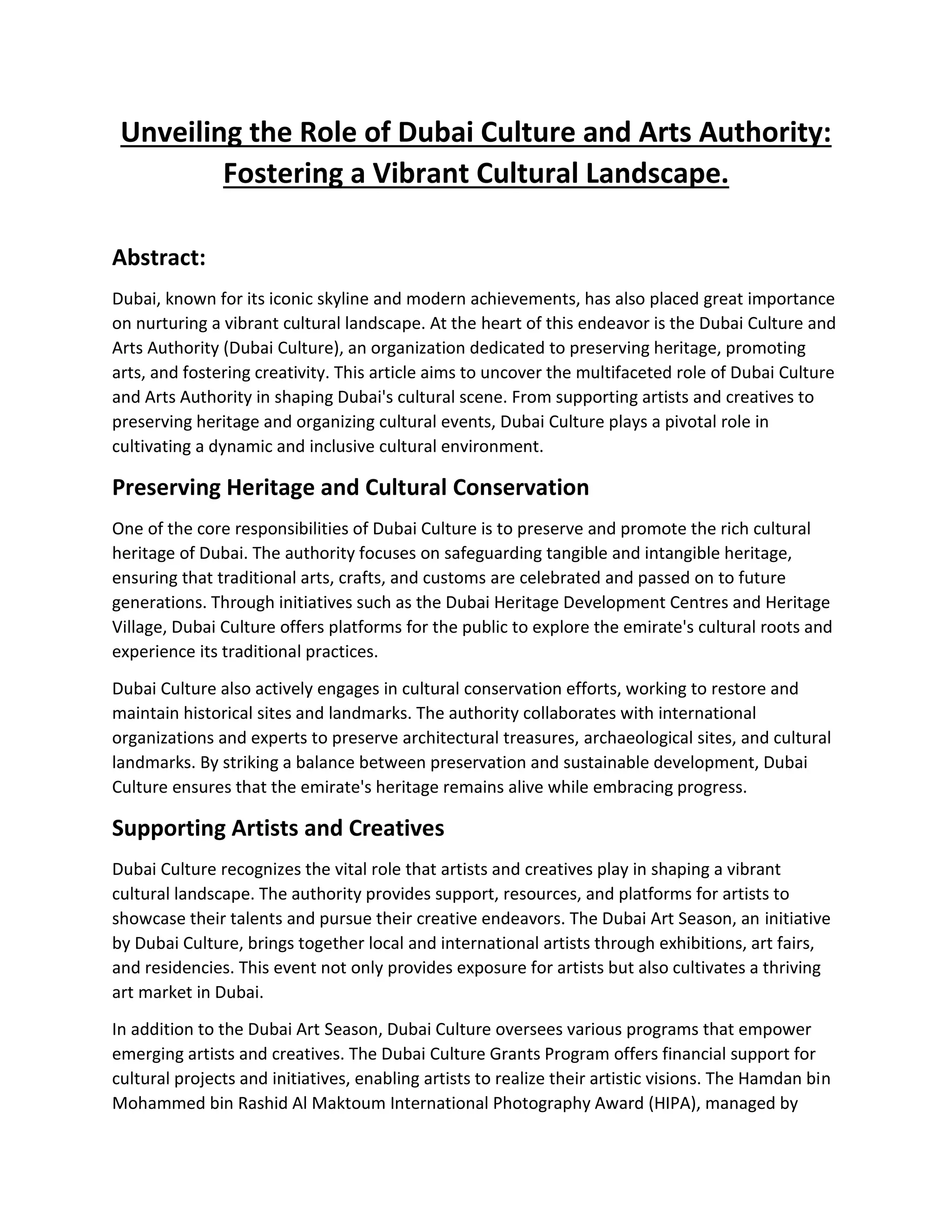 Unveiling the Role of Dubai Culture and Arts Authority: Fostering a ...