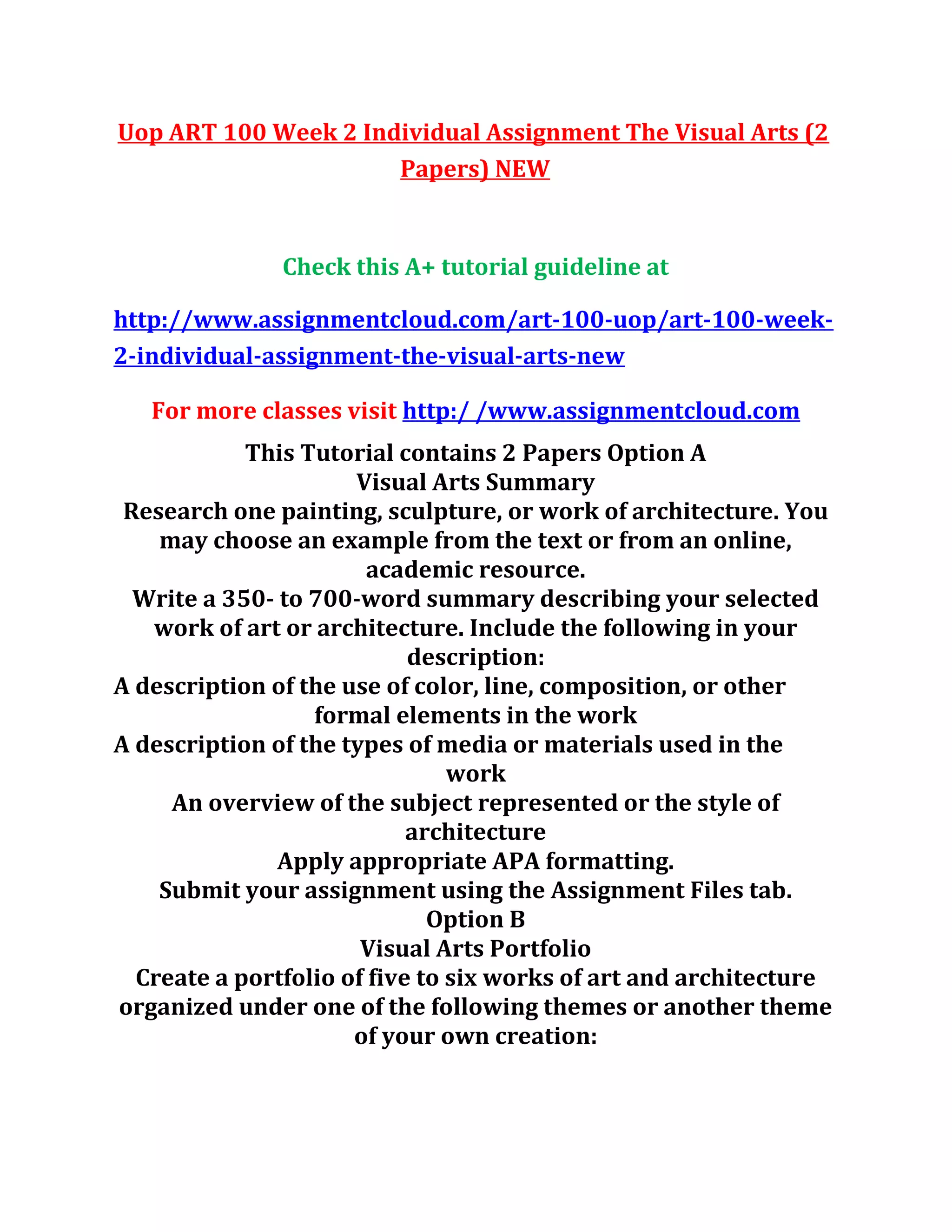 Uop art-100-week-2-individual-assignment-the-visual-arts | PPT