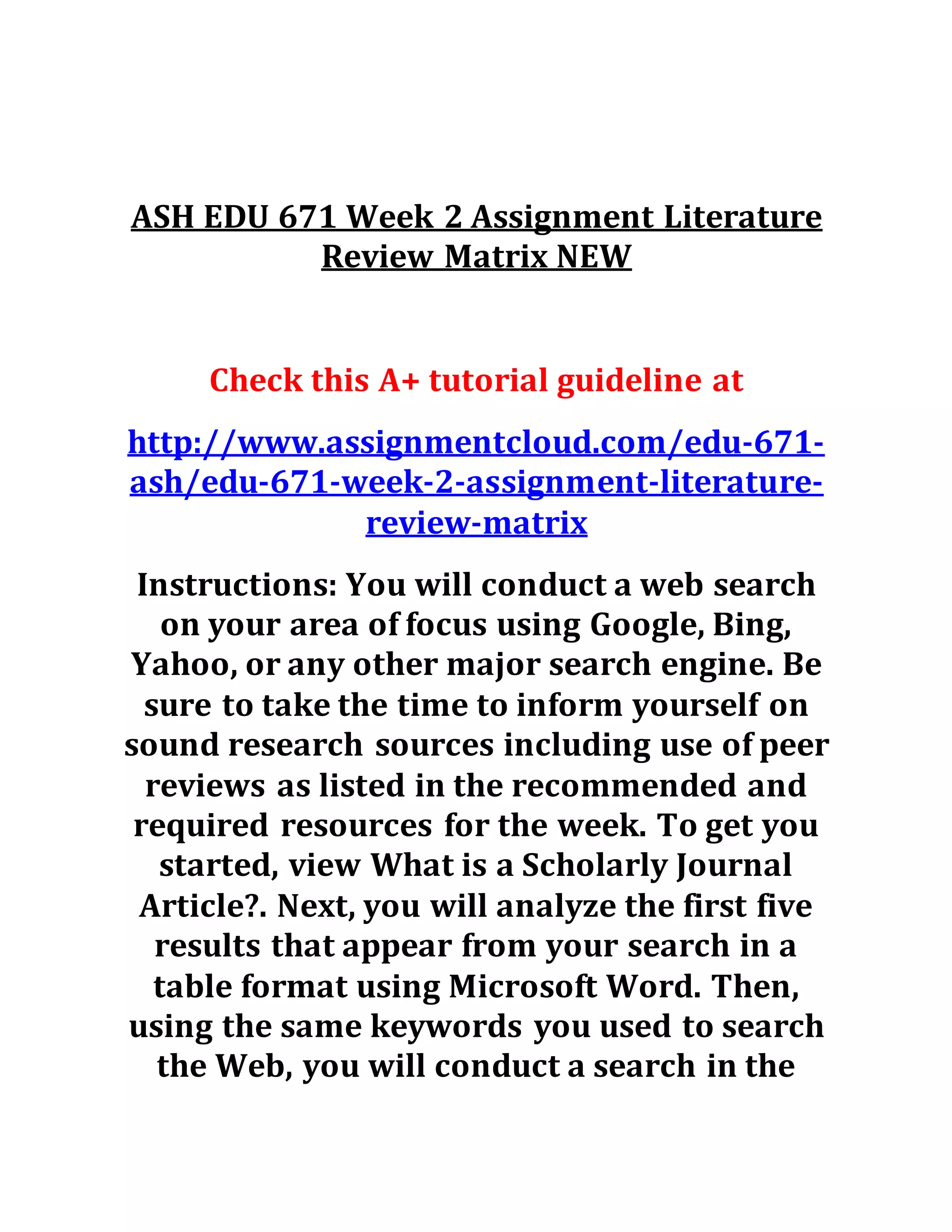 Uop edu 671 week 2 assignment literature review matrix uop | PDF