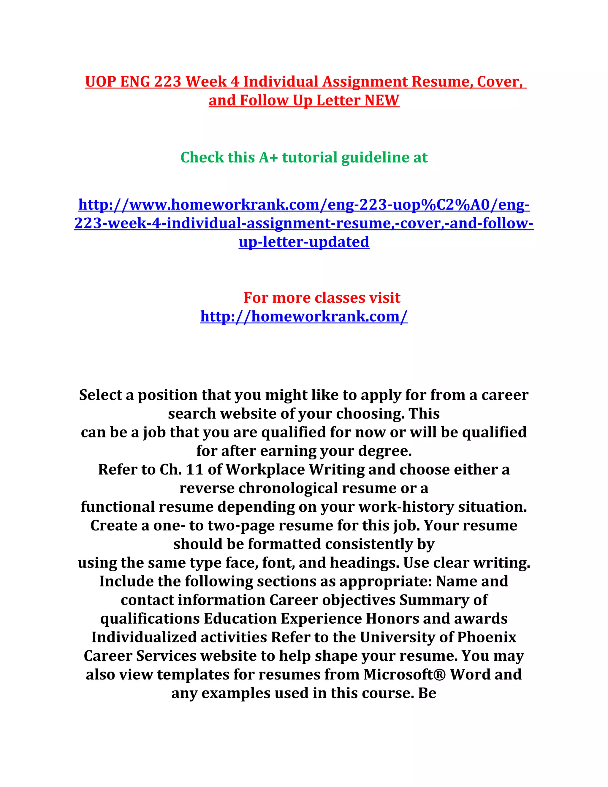 Uop eng 223 week 4 individual assignment resume, cover, and follow up letter new | PDF