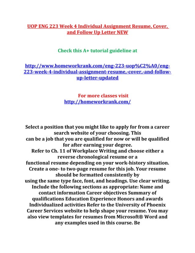 Uop eng 223 week 4 individual assignment resume, cover, and follow up letter new | PDF