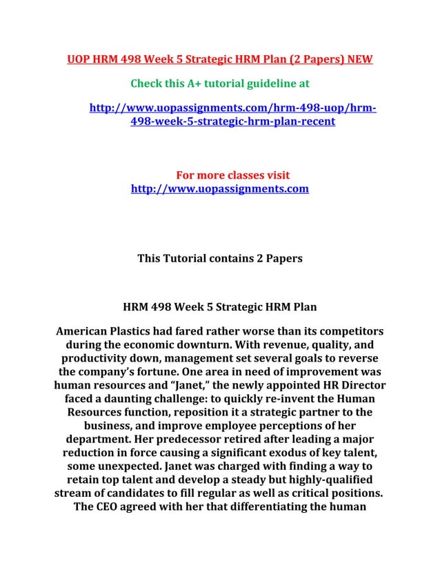 Uop hrm 498 week 5 strategic hrm plan | PDF