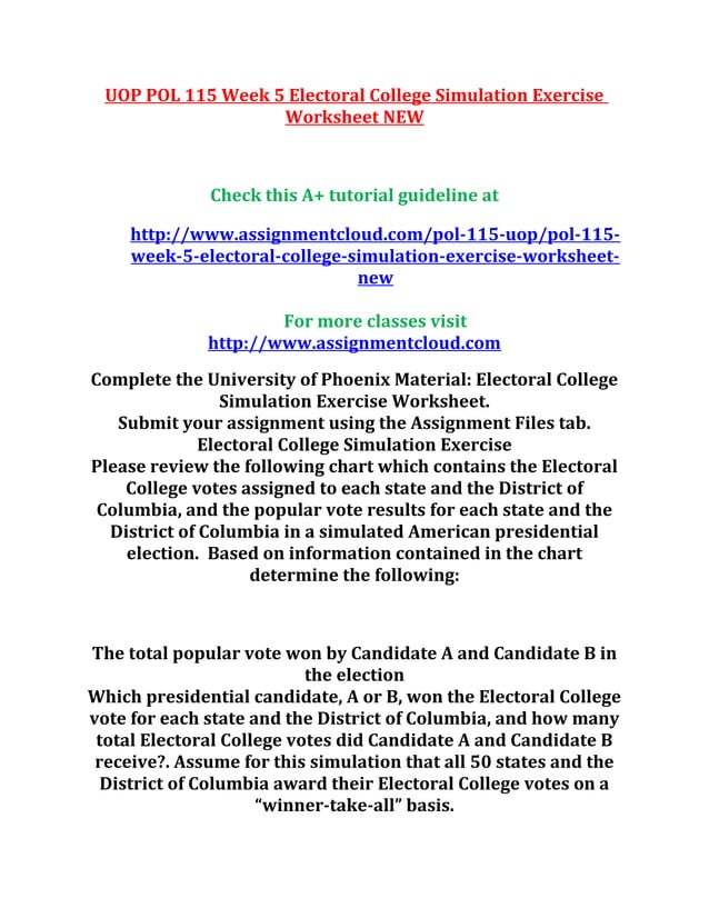 Uop pol 115 week 5 electoral college simulation exercise worksheet new ...