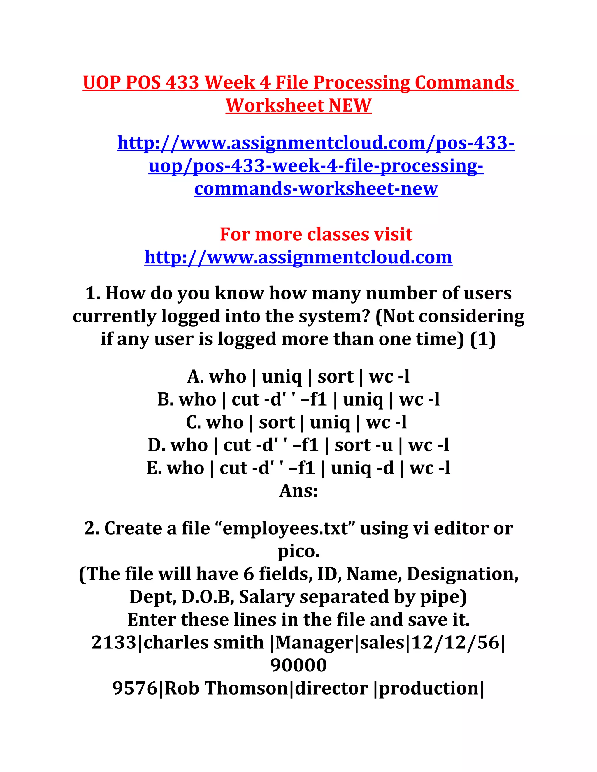 Uop pos 433 week 4 file processing commands worksheet new | PDF