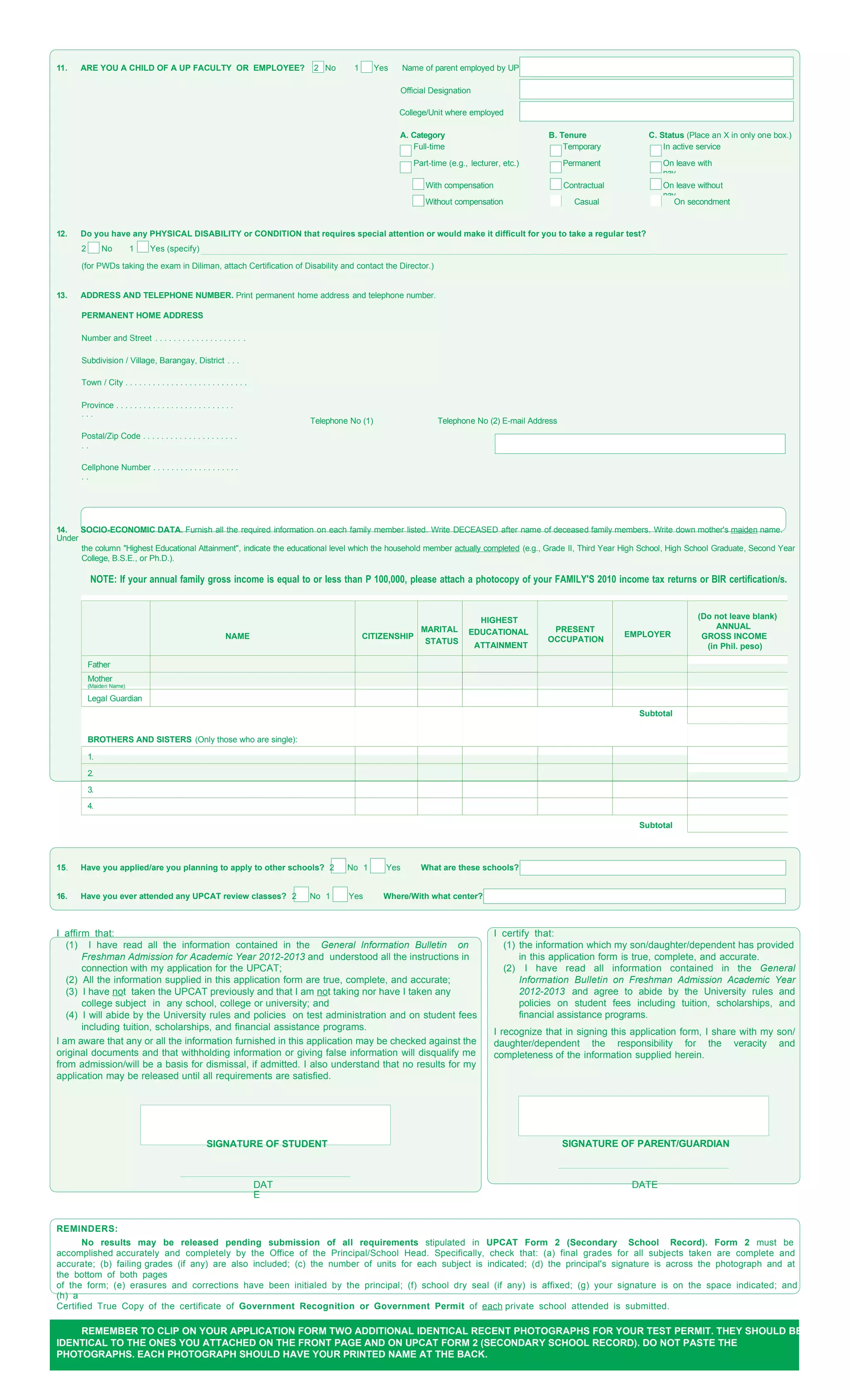 UPCAT Application Form | DOC