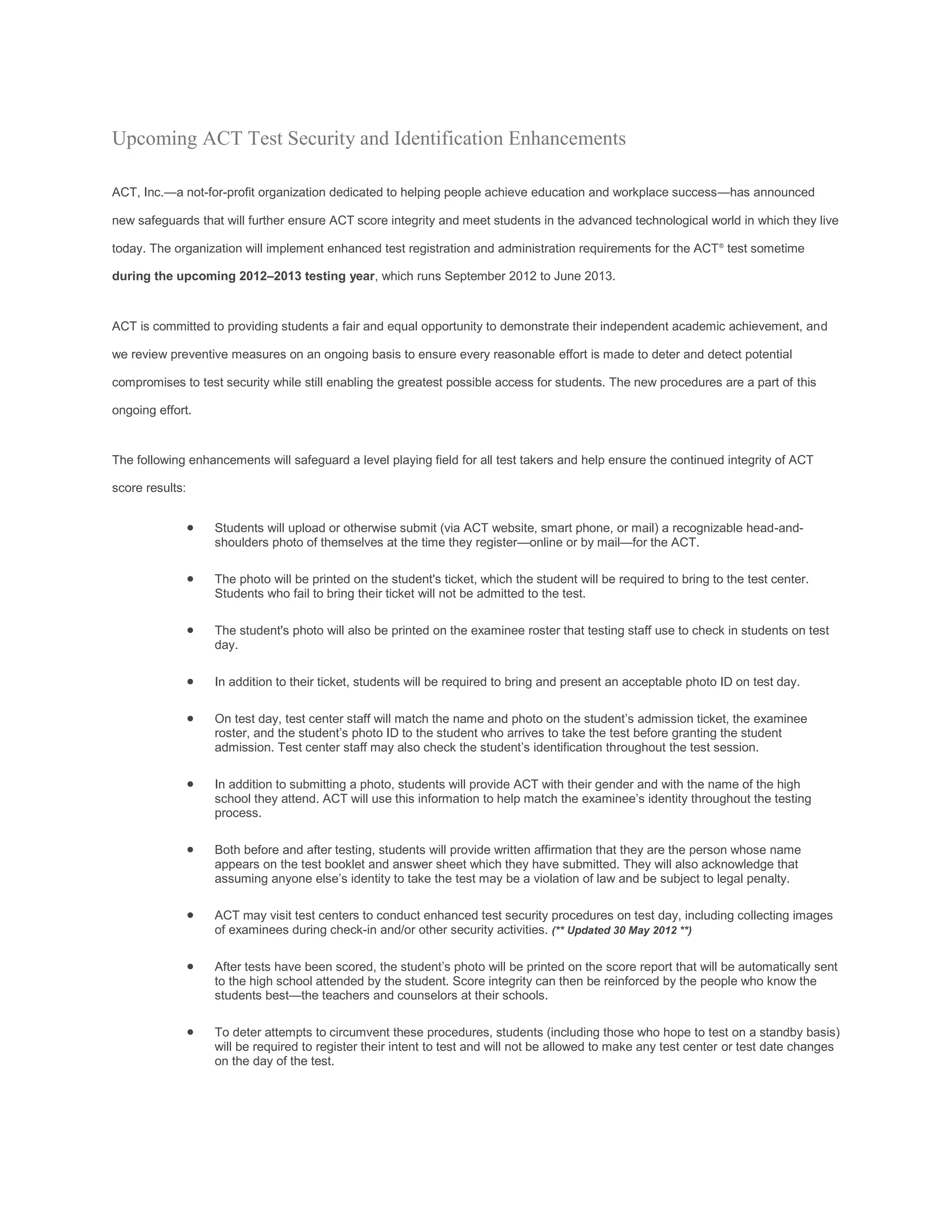 Upcoming ACT Test Security and Identification Enhancements | PDF