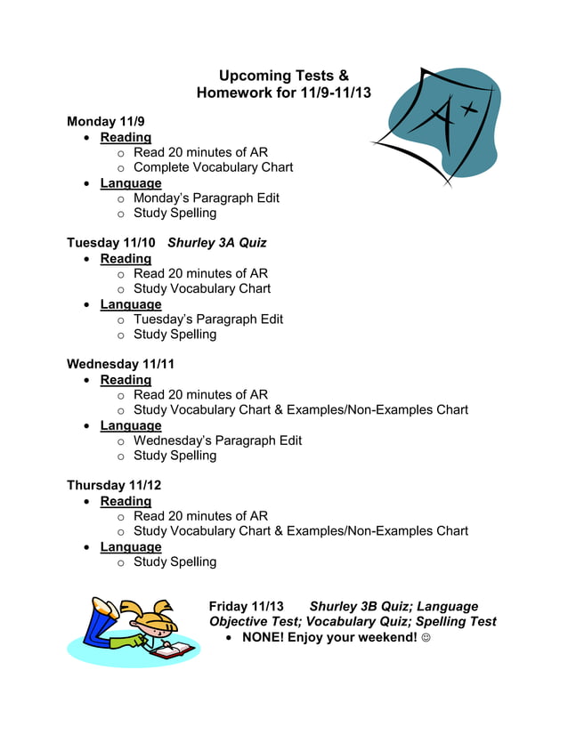 Upcoming Tests And Homework For 11.09 To 11.13