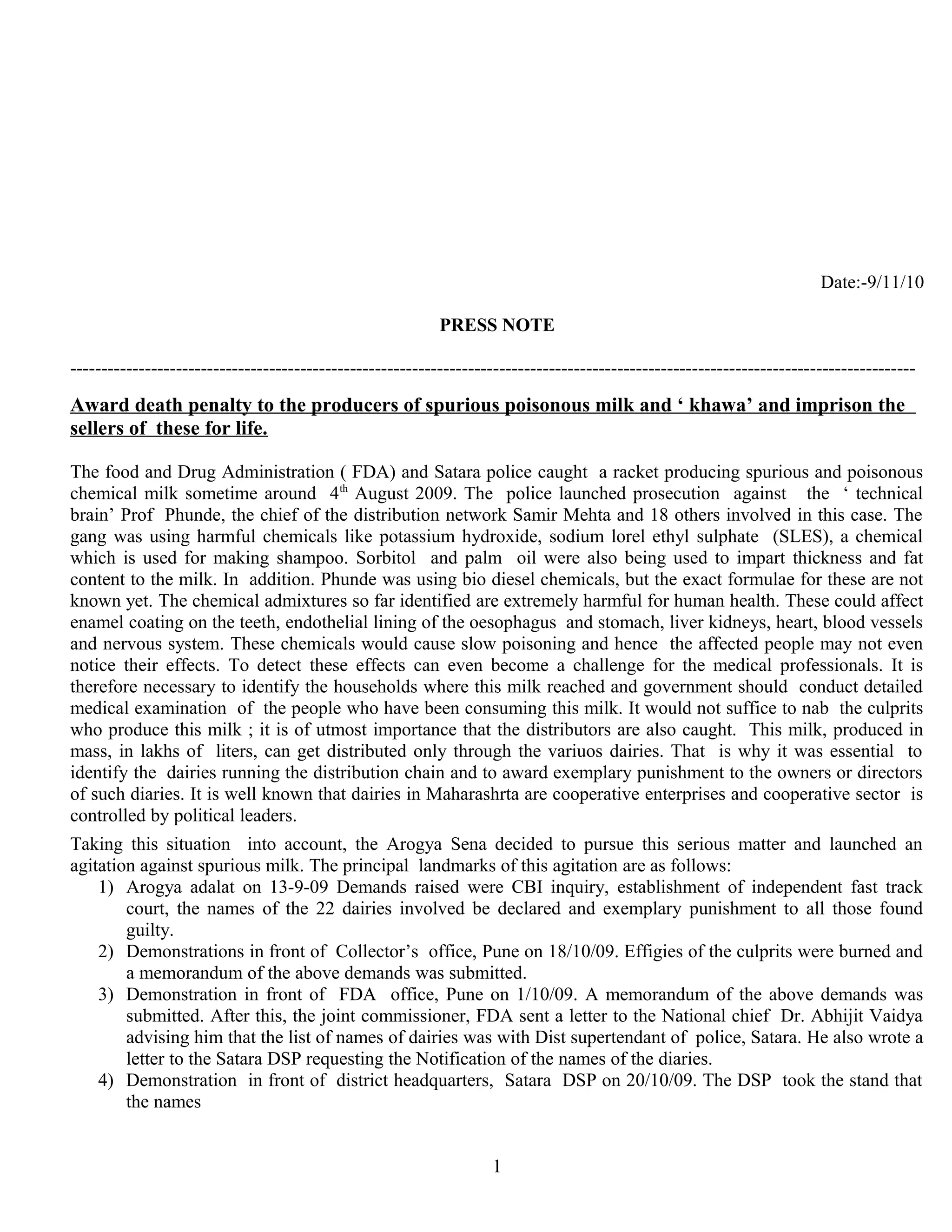 Fake Milk and Khawa. Press Note | DOC