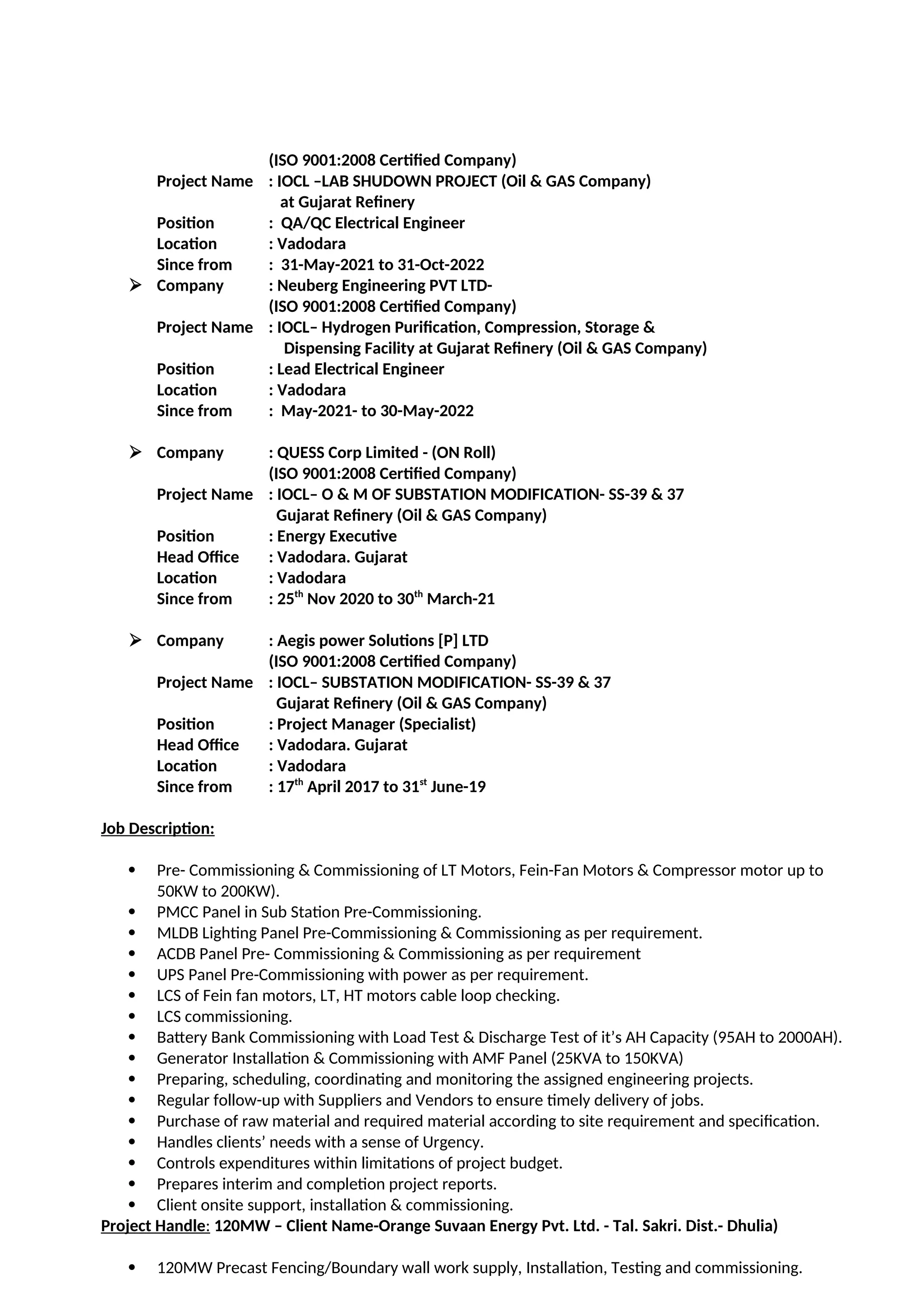 BE Electrical Engineer- 18 years' experience | DOCX