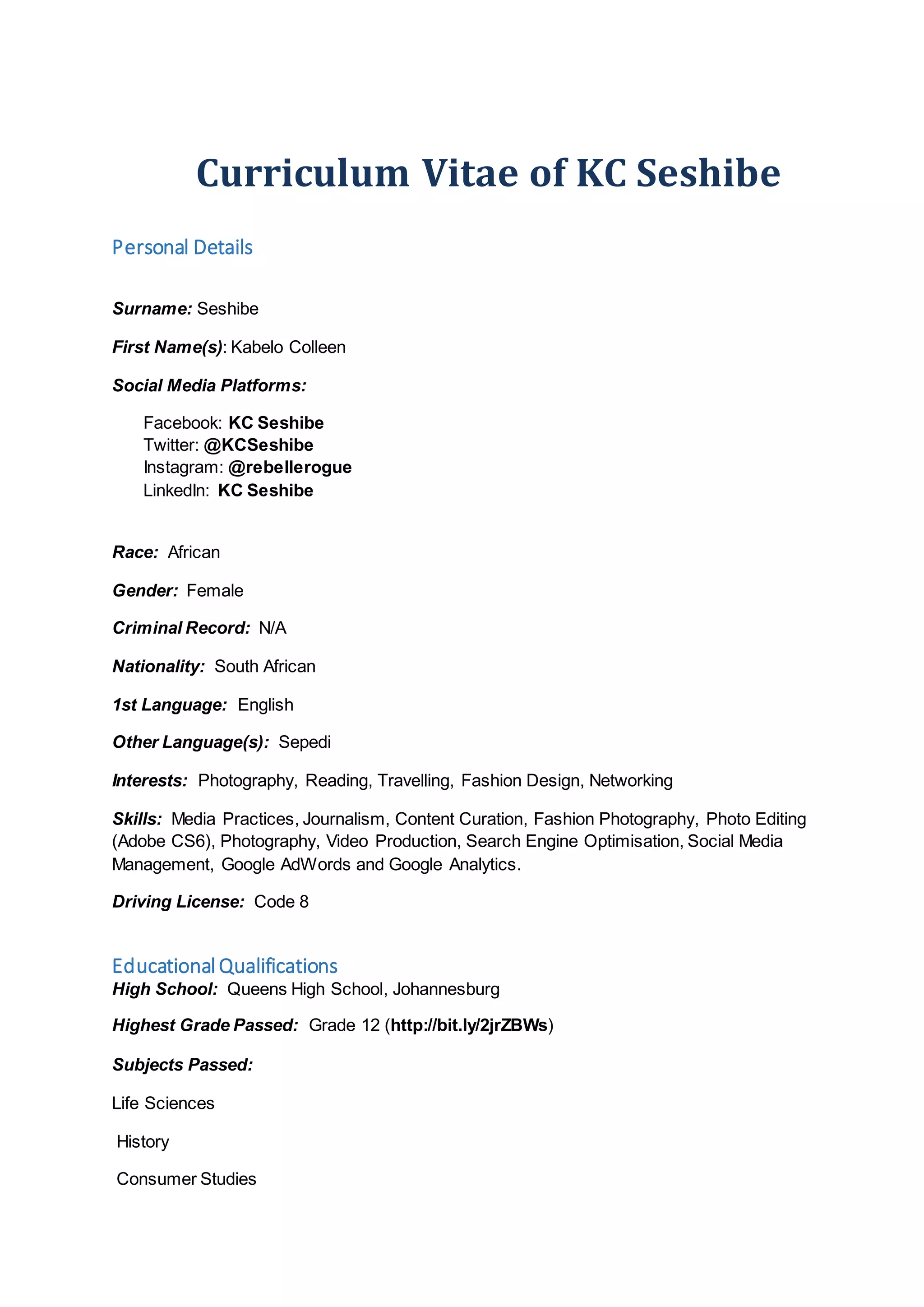 Updated curriculum vitae of KC Seshibe | DOCX