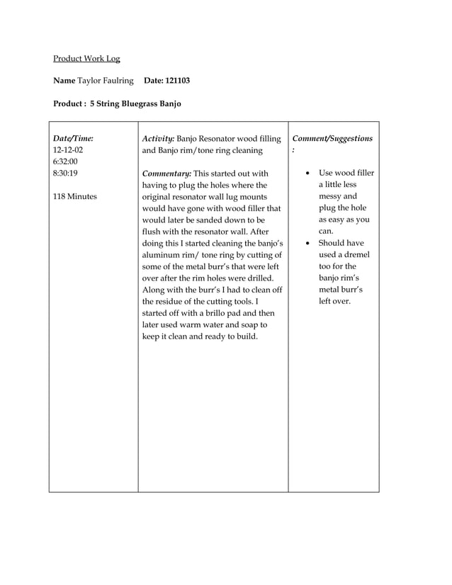 Complete banjo work log | PDF