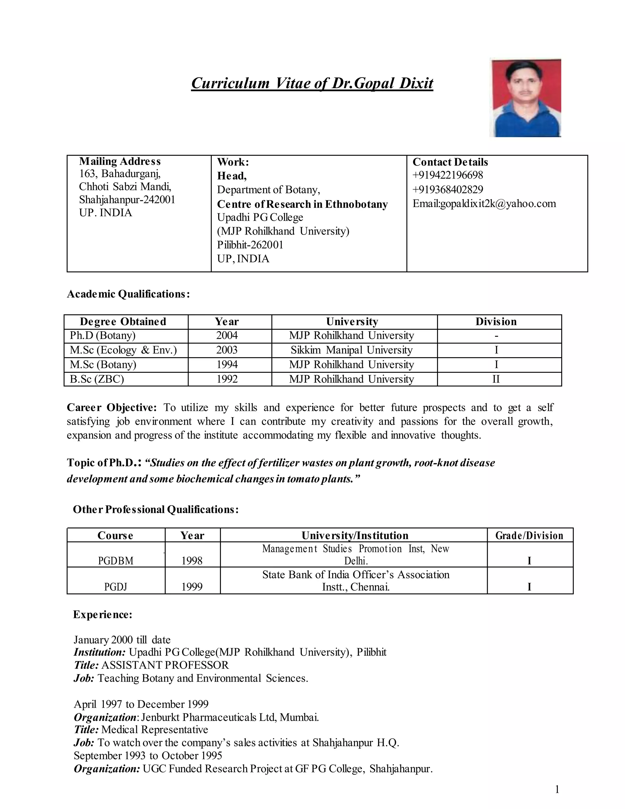 Updated CV of Dr Gopal Dixit | DOCX