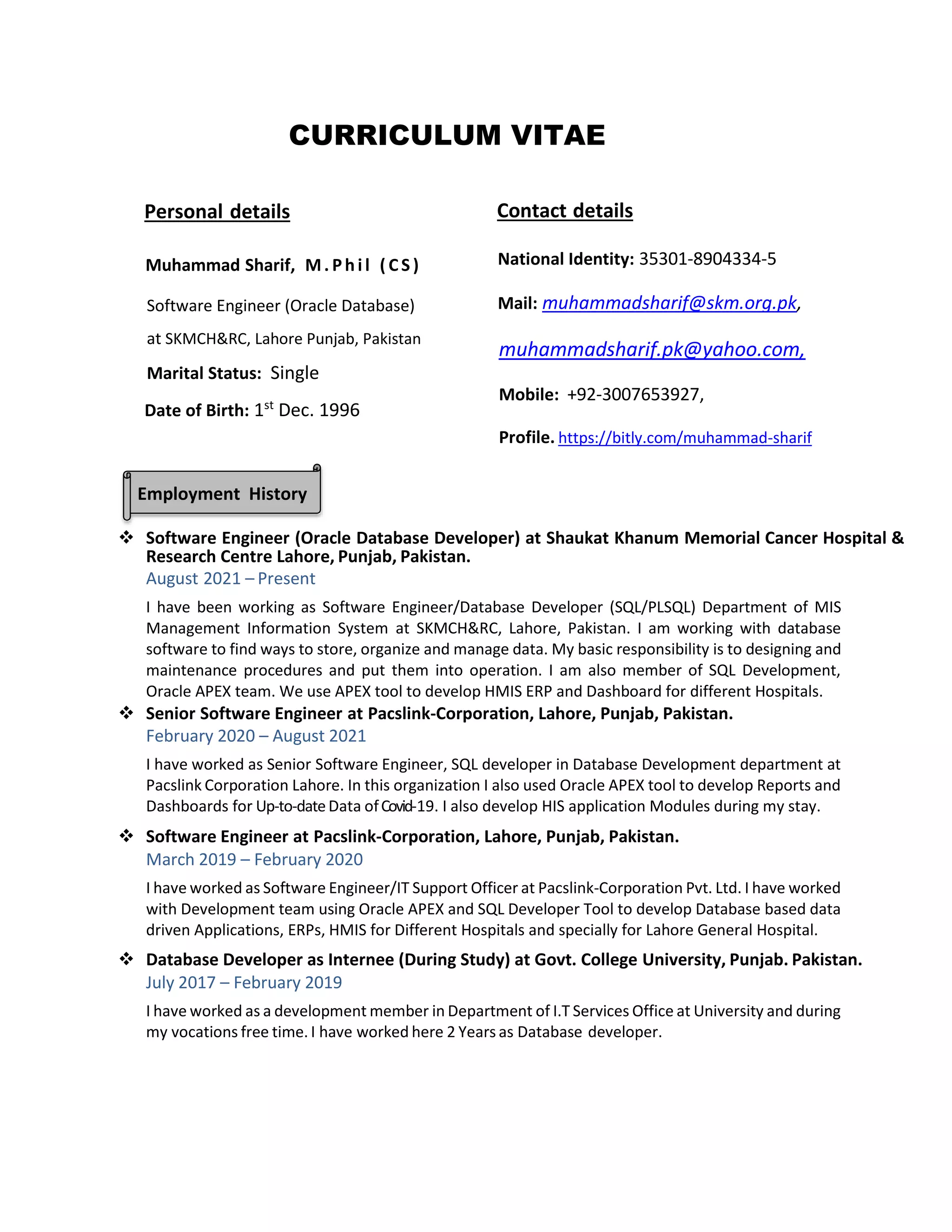 UPDATED CV BY MUHAMMAD SHARIF.pdf | Databases | Computer Software and Applications