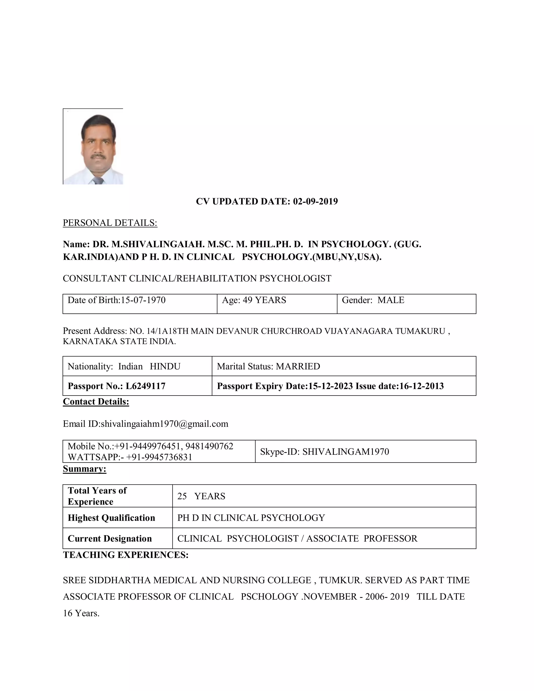 Updated cv of shivalingaiah clinicalpsychologist september 2019 | PDF | Mental Health | Diseases ...
