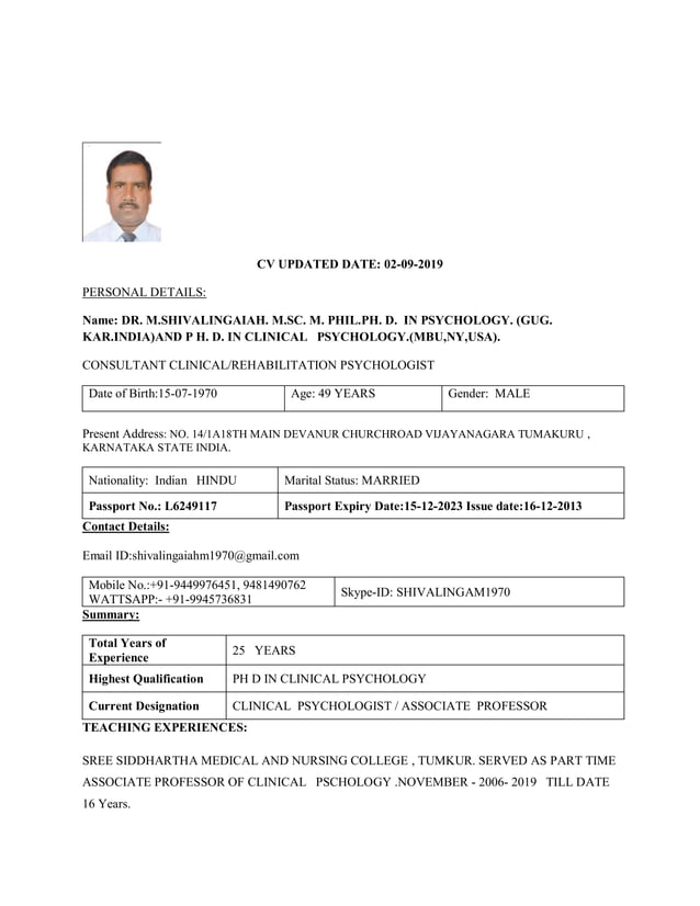 Updated cv of shivalingaiah clinicalpsychologist september 2019 | PDF
