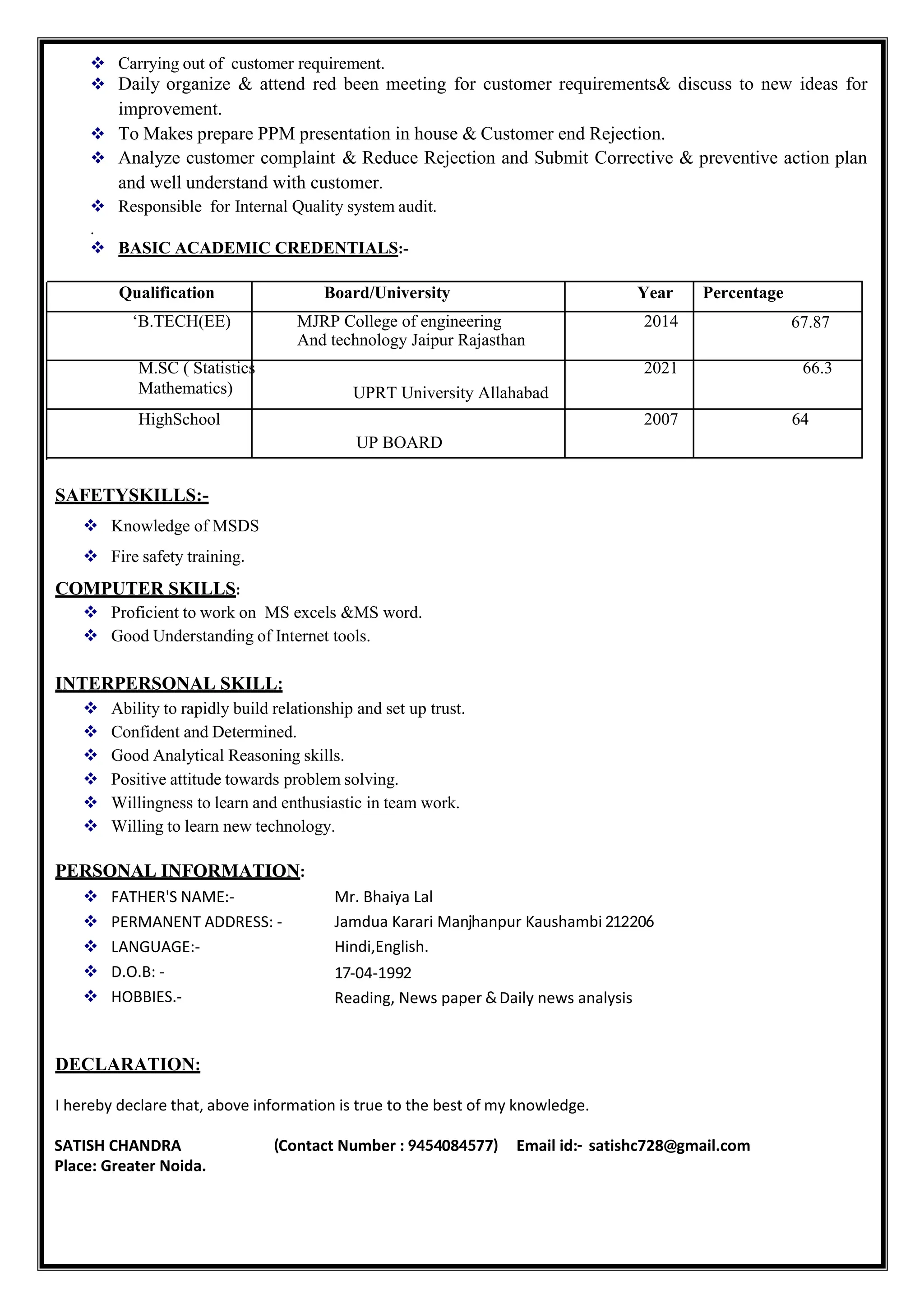 Updated CV Satish Chandra new. apply for | PDF