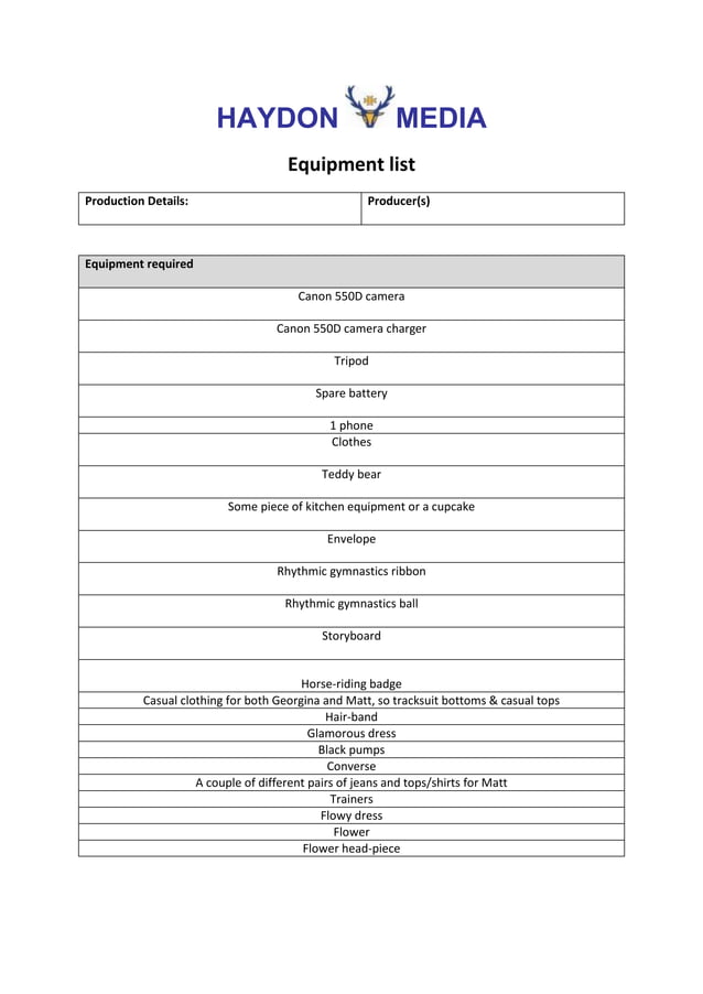 Updated equipment list | DOCX