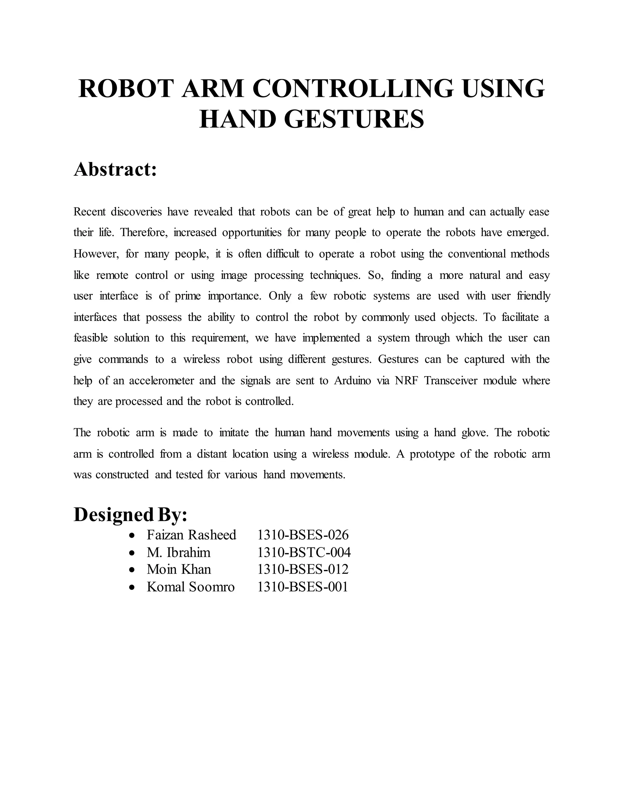 ROBOT ARM MOTIONS CONTROLLING USING HAND GESTURES | PDF